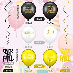 36 Pcs Holy Shit You're Old Banner Birthday Decoration Gold Glitter Banner Old As Shit White Sash Over The Hill Hanging Swirls Black and Gold Balloons Funny Old Age Birthday Retirement Party Supplies