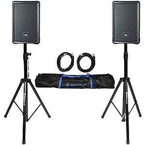 JBL IRX112BT 12" 1300 Watt Powered Active DJ Portable PA Speaker w/Bluetooth Bundle with Pair of Rockville Adjustable Tripod Speaker/Light Stands with (2) 20 Foot XLR Cables
