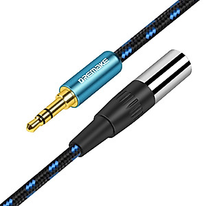 DREMAKE 3-Pin Mini XLR to Jack 3.5mm Plug Stereo Audio Balanced Cable, 1/8" TRS 3.5mm Male to Mini XLR Male Adapter Cable for Cameras, Headphones, 1 Feet - Blue Tweed Braided