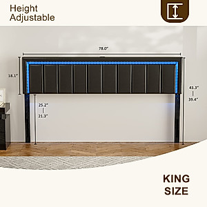 IKIFLY King Size LED Headboard with 2 USB Ports, Adjustable Height - Modern Faux Leather Headboard with Changing LED Lights - Easy Assembly, Upholstered King Headboard Only for Bedroom - Black