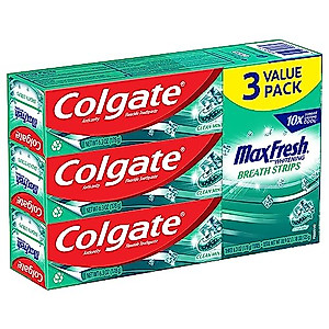 Colgate Max Fresh with Whitening Toothpaste with Mini Breath Strips, Clean Mint Toothpaste for Bad Breath, 6.3 Oz Tube. 3 Pack