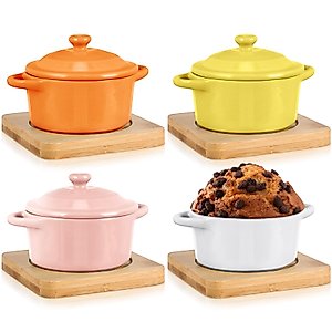 Mimorou 4 Set 7 oz Ceramic Mini Cocotte with Lid and Wooden Base Small Casserole Dishes with Lids Ceramic Soup Bowls Baking Ramekins Round Casserole for Home Thanksgiving Pumpkin Soup