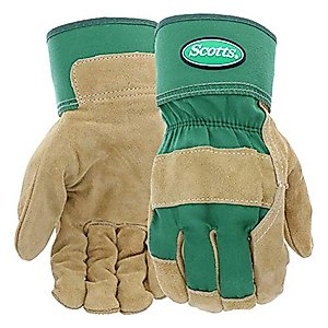 Scotts Men's Durable Split Cowhide Leather Palm Work Gloves, Abrasion Resistant, Safety Cuff, Padded Knuckle, Green/Yellow, Large, (SC75525/L)