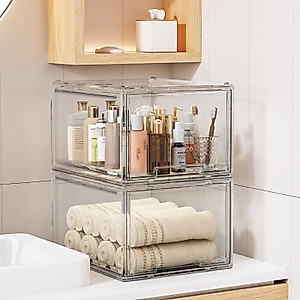 MSHOMELY 2 Pack Large Stackable Storage Drawers, Clear Under Sink Organizers and Storage, Arcylic Bathroom Makeup Organizers, Plastic Storage Bins for Vanity, Undersink, Kitchen Cabinet, Bathroom