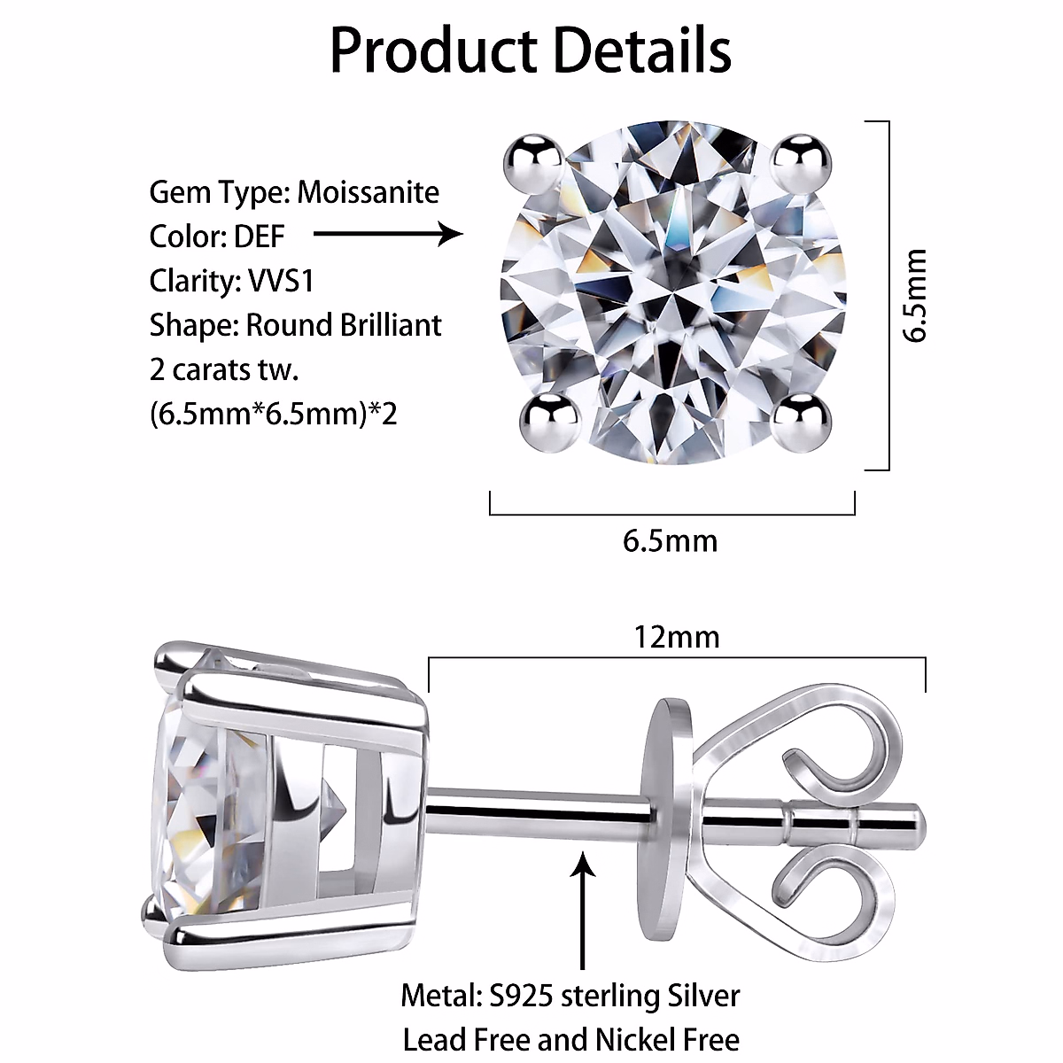 Moissanite Stud Earrings for Women Men, Nickel Free S925 Sterling Silver Hypoallergenic Earrings, 1ct - 2ct D Color VVS1 Clarity Brilliant Round Cut Lab Created Diamond Earring Set Promise Birthday Christmas Gift (Classic 4 prong, 2 carats-(1ct*2)-6.5mm,
