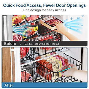 iSPECLE Upright Freezer Organizer Bins - 6 Pack Small Stand Up Freezer Baskets for 13 cu.ft Freezer, Get Food Easily, Freeze Efficiently with Air Circulation Stop Food Fall out from Freezer, Black