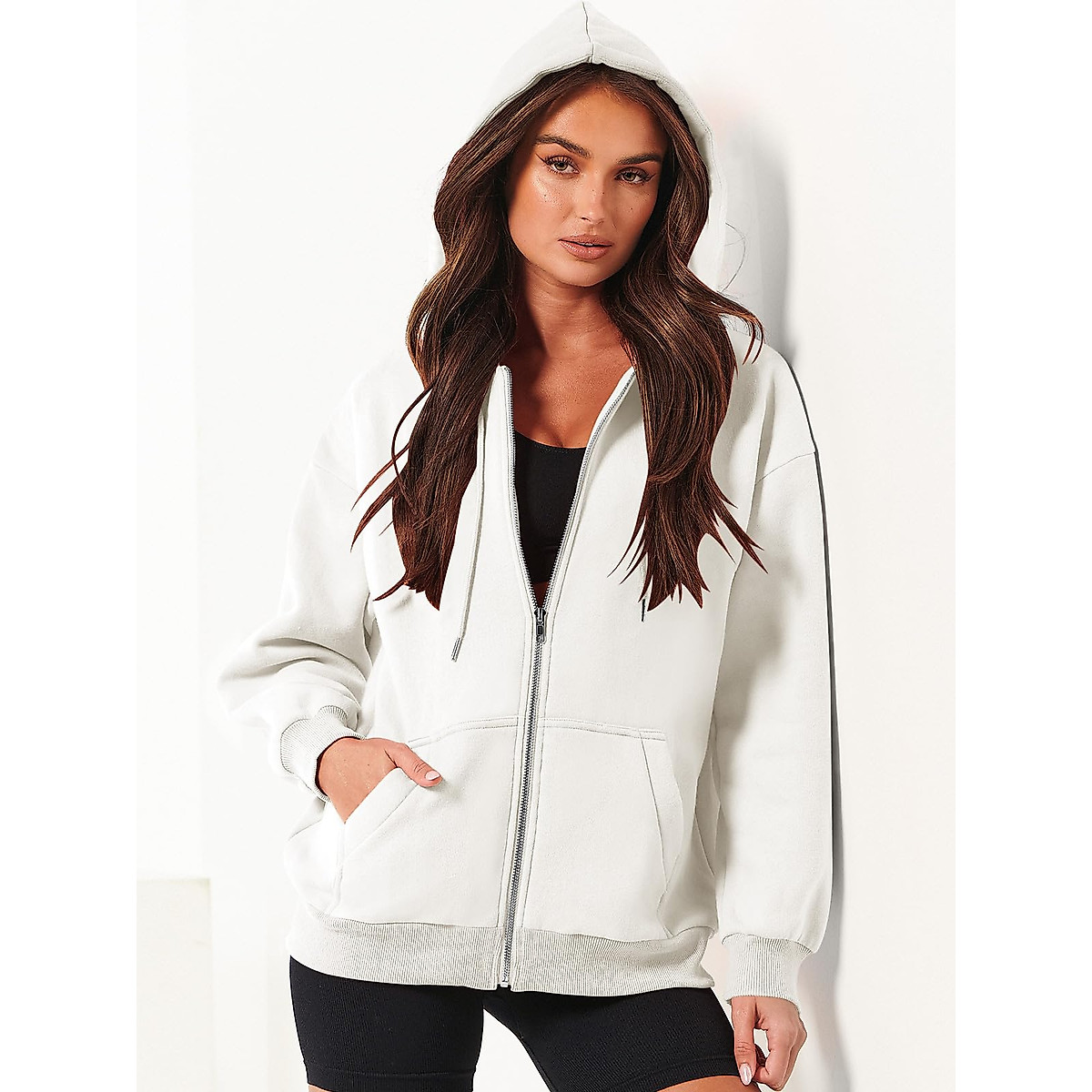 Prinbara Women's Aesthetic Clothes 2023 Zip Up Hoodies Fall Jacket Oversized Sweatshirts Casual Drawstring Y2K Hoodie with Pocket White 9PA89-baise-M,JM23