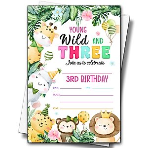 Buildinest Young Wild And Three Birthday Party Invitations with Envelopes (20-Pack), 4"x6" Safari Animals 3rd Birthday Invitation Cards, Jungle Wild Animals Party Invites-B39