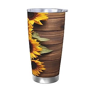 AYCZN Sunflower Wood Board 20 OZ Tumbler Stainless Steel Travel Coffee Mug, Vintage Insulated Water Bottle with Lid and 2 StrawsLeakproof Thermal Cup