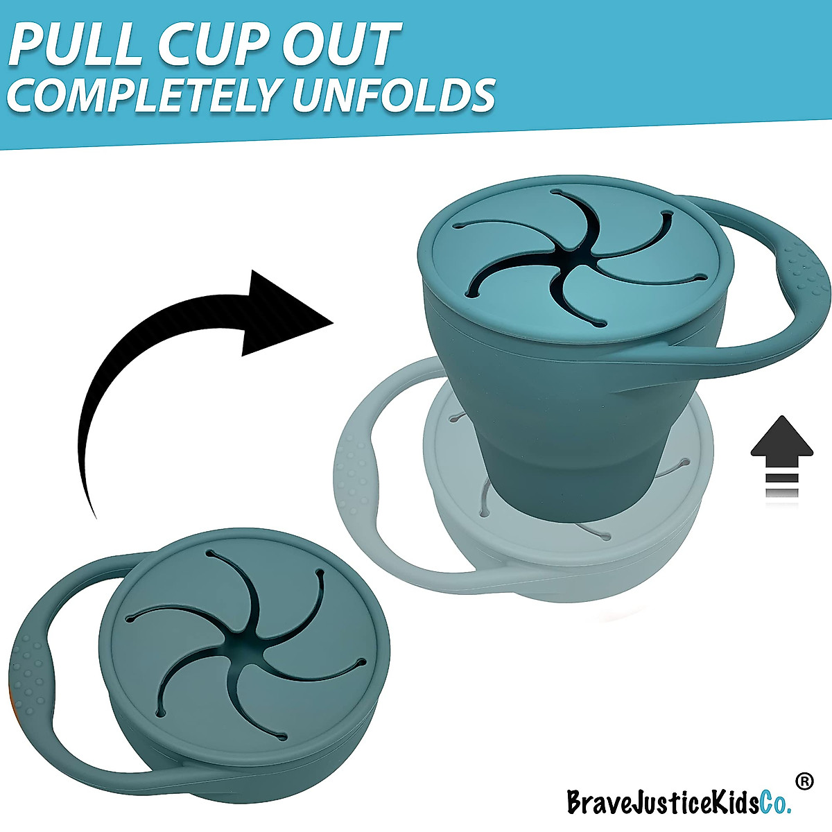 BraveJusticeKidsCo | Snack Attack Snack Cup | Collapsible Silicone Snack Container | Toddler and Baby Snack Catcher Lid (Citadel)