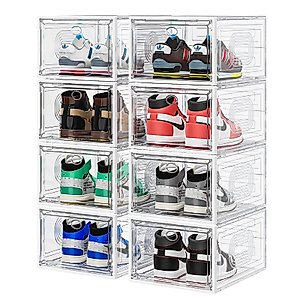 YFXCVSL 8 Pack Thicken Shoe Organizer - Upgrade Sturdy Shoe Boxes Stackable Shoe Storage Containers with Magnetic Door, Thicken Sneaker Storage Fit up to US Size 12,White