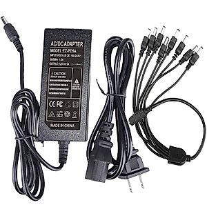 12V 5A Power Adapter Charger LED Strip AC 100V-240V, DC 12 Volt 5 Amp 60 Watt Converter Driver Universal Lighting Transformer for 12 V 5 A with 2.1X5.5mm Plug 1 Female to 8 Male Power Split Cable