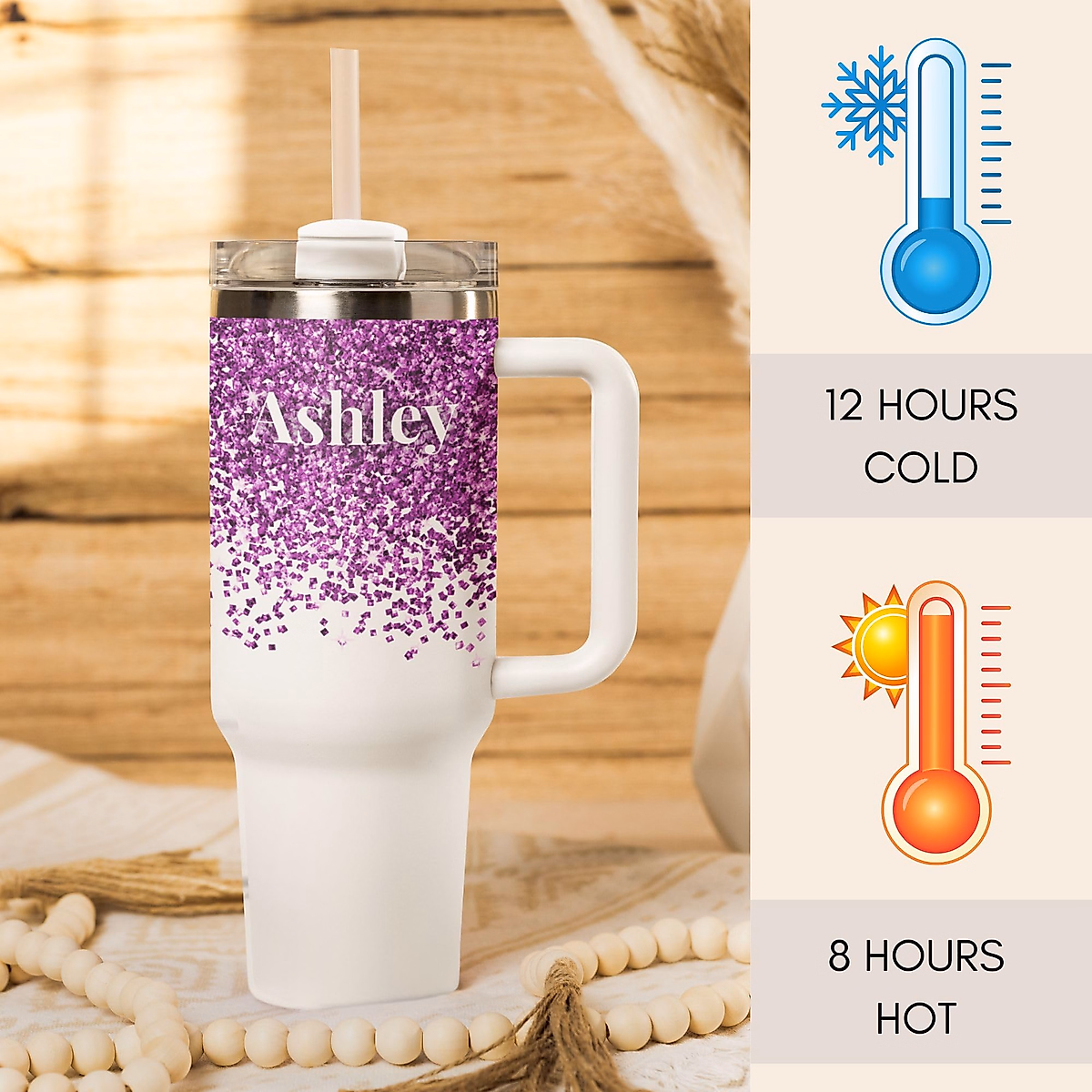 Personalized 40 oz Tumbler With Handle And Straw Lid Glitter - Dishwasher Safe Stainless Steel Insulated Travel Mug - Custom Name Tumbler Gift For Women Mom Friend Teacher Nurse Her Birthday Christmas