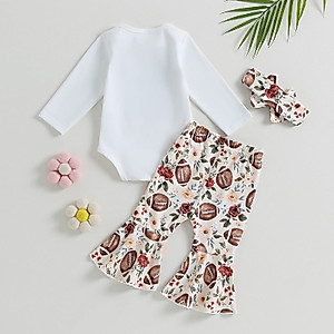 Twopumpkin My First Thanksgiving Baby Girl Outfit Newborn Turkey Onesie Romper Bell Bottoms 1st Thanksgiving Clothes (Football Season White, 0-3 Months)