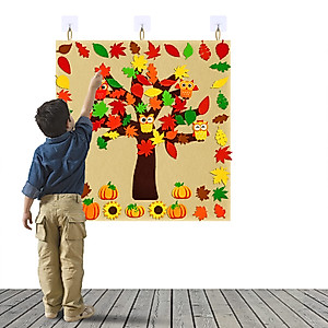 Winlyn Fall Tree of Thanks Craft Kit Fall Felt Bulletin Board Set Felt Fall Tree Board with 81 PCS Detachable Autumn Leaf Pumpkin Owl Sunflower Ornaments for Kids Classroom Craft Thanksgiving Activity