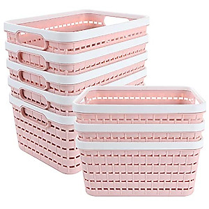 8 Pack Plastic Storage Basket 9.2 x 6.8 x 4.7 Inch, Acrux7 Portable Plastic Weave Kitchen Refrigerator Basket Bathroom Desktop Storage Box for Kitchen, Bathroom and Cabinet (Pink)