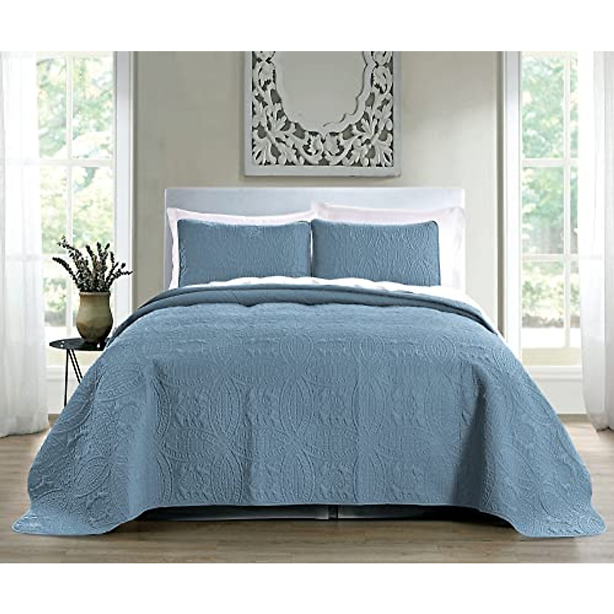 Pure Bedding Quilt Set Full/Queen Size Ash Blue - Oversized Bedspread - Soft Microfiber Lightweight Coverlet for All Season - 3 Piece Includes 1 Quilt and 2 Shams, Geometric Pattern