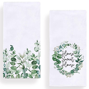 Watercolor Eucalyptus Leaves Home Sweet Home Kitchen Dish Towel 18 x 28 Inch, Summer Greenery Tea Towels Dish Cloth for Cooking Baking Set of 2