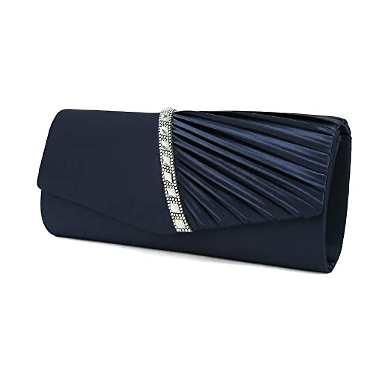 CHARMING TAILOR Evening Handbag Crystal Embellished Purse Pleated Satin Clutch (Navy Blue)