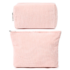 SOIDRAM 2 Pieces Makeup Bag Large Corduroy Cosmetic Bag Capacity Canvas Mix Travel Toiletry Bag Organizer Cute Makeup Brushes Aesthetic Accessories Storage Bag for Women, Corduroy Mix Pink