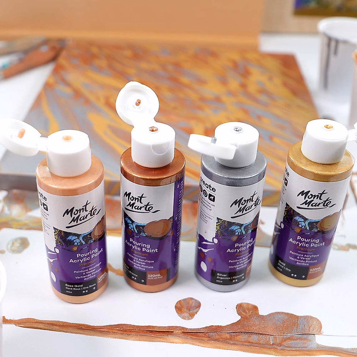 Mont Marte Premium Acrylic Pouring Paint Set, Metallic, 4 x 4oz (120ml) Bottles, Pre-mixed Acrylic Paint, Suitable for a Variety of Surfaces Including Stretched Canvas, Wood, MDF and Air Drying Clay.
