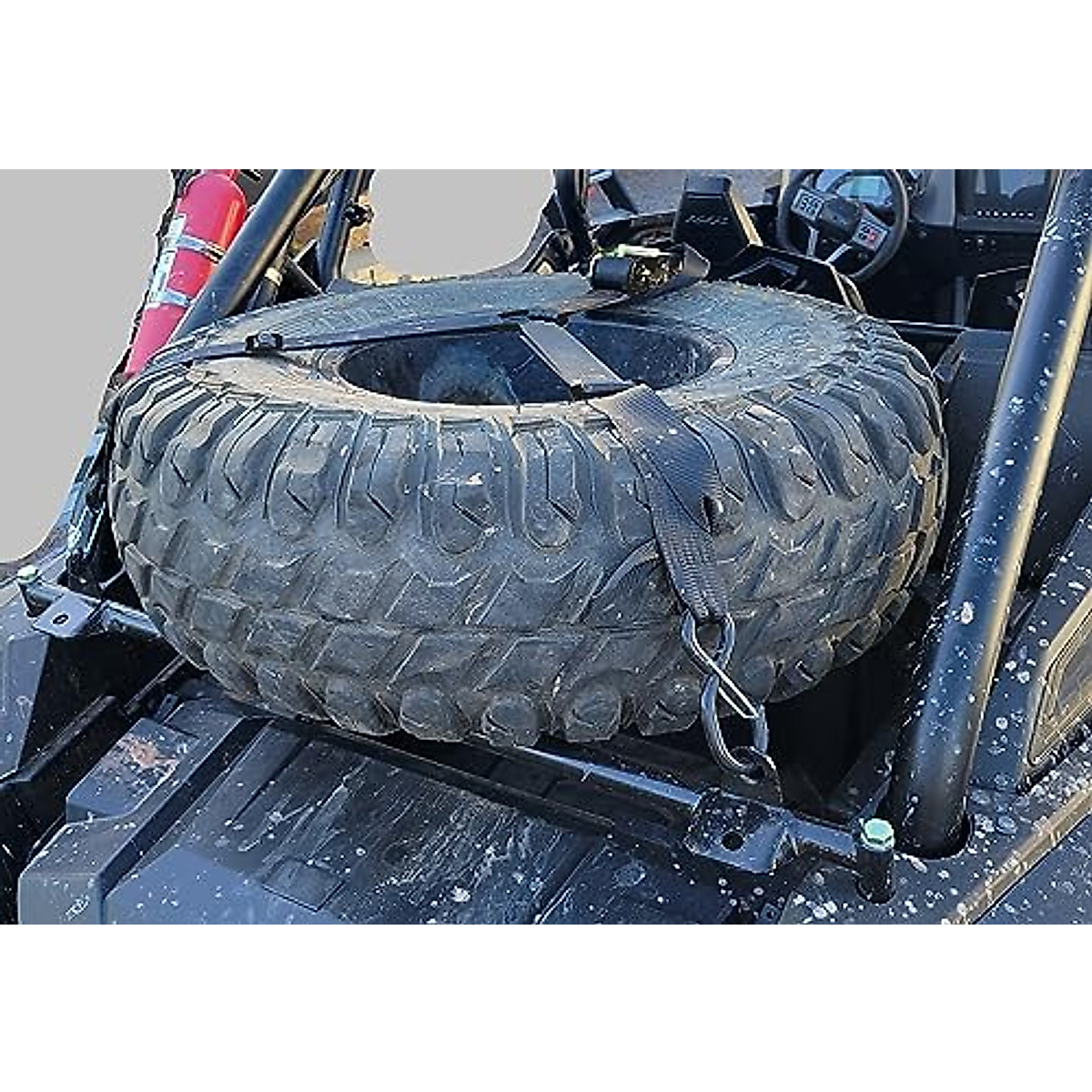 Spare Tire Strap, 3 Way Ratchet Y Strap, 1.5 inch Wide Adjustable, Tire Tie Down Strap for UTV or Truck Tires, Color Black