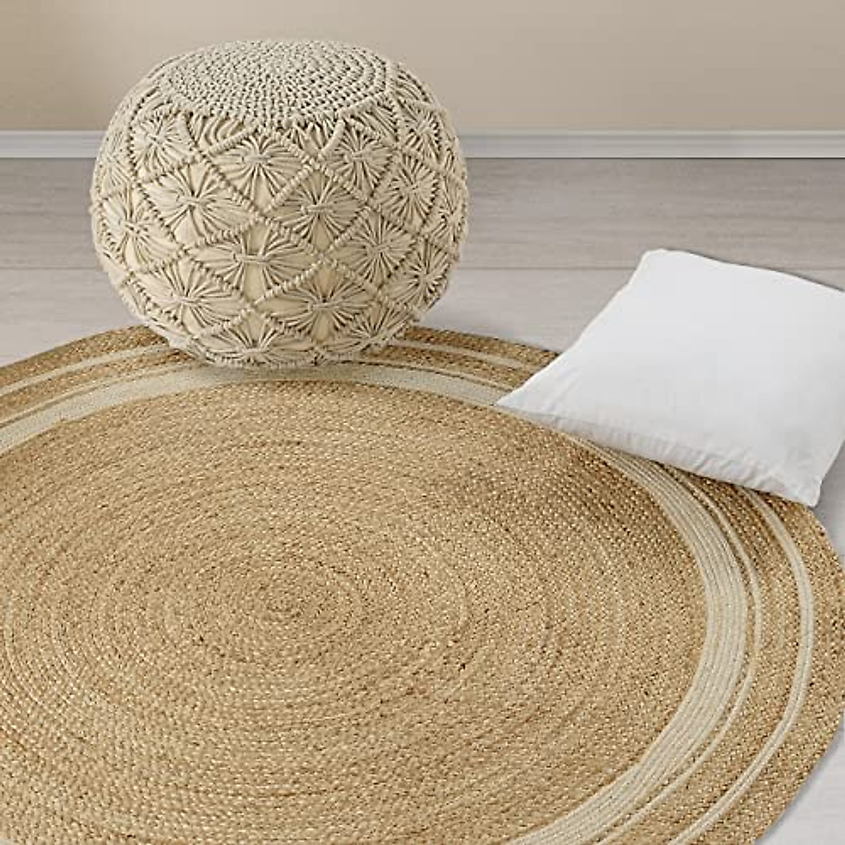 GRUHUM Jute Cotton Area Rug 4ft - Natural Fiber Round Handmade Boho Farmhouse Jute Area Rug Soft Braided Rustic Vintage Reversible Rug for Indoor Kitchen Bedroom Living Room Hallways Enterway