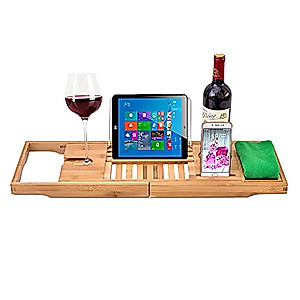 100% Natural Bamboo Bath Caddy Bridge – Extendable Bath Caddy Tray for Tub with ​Wine Glass Holder, Tablet, Kindle