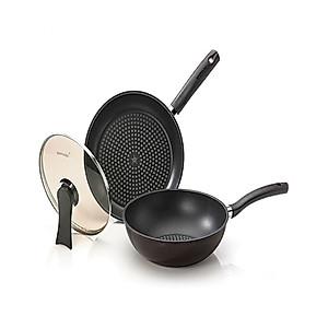 Happycall 5 Layer Diamond Nonstick Pan and Wok 3-piece Set, 11inch, PFOA-Free, Cookware Set, Dark Brown