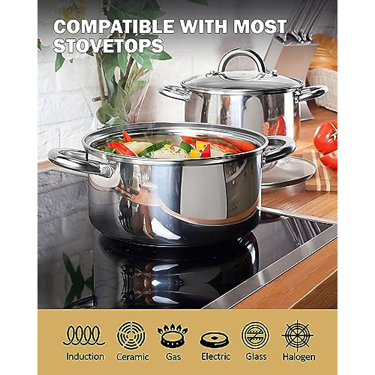 Cook N Home Sauce Pot Stainless Steel Stockpot with Glass Lid, Basic Saucier Casserole Pan Set, 6-Piece