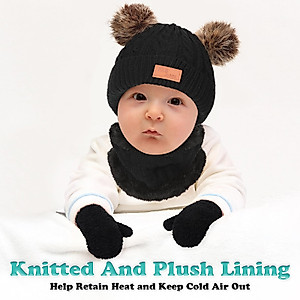6 Pcs Toddler Winter Hat and Gloves Set with Neck Warmer Kids Pompom Hat Knitted Beanie Mittens for Baby Boys Girls 0-4 Year(Black, White)