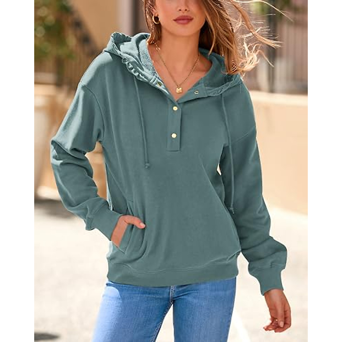 PRETTYGARDEN Ladies Pullover Hoodies Tops Drawstring Long Sleeve Thick Sweashirt Cozy Warm Winter Clothing With Pockets(Solid Grey Green,Medium)