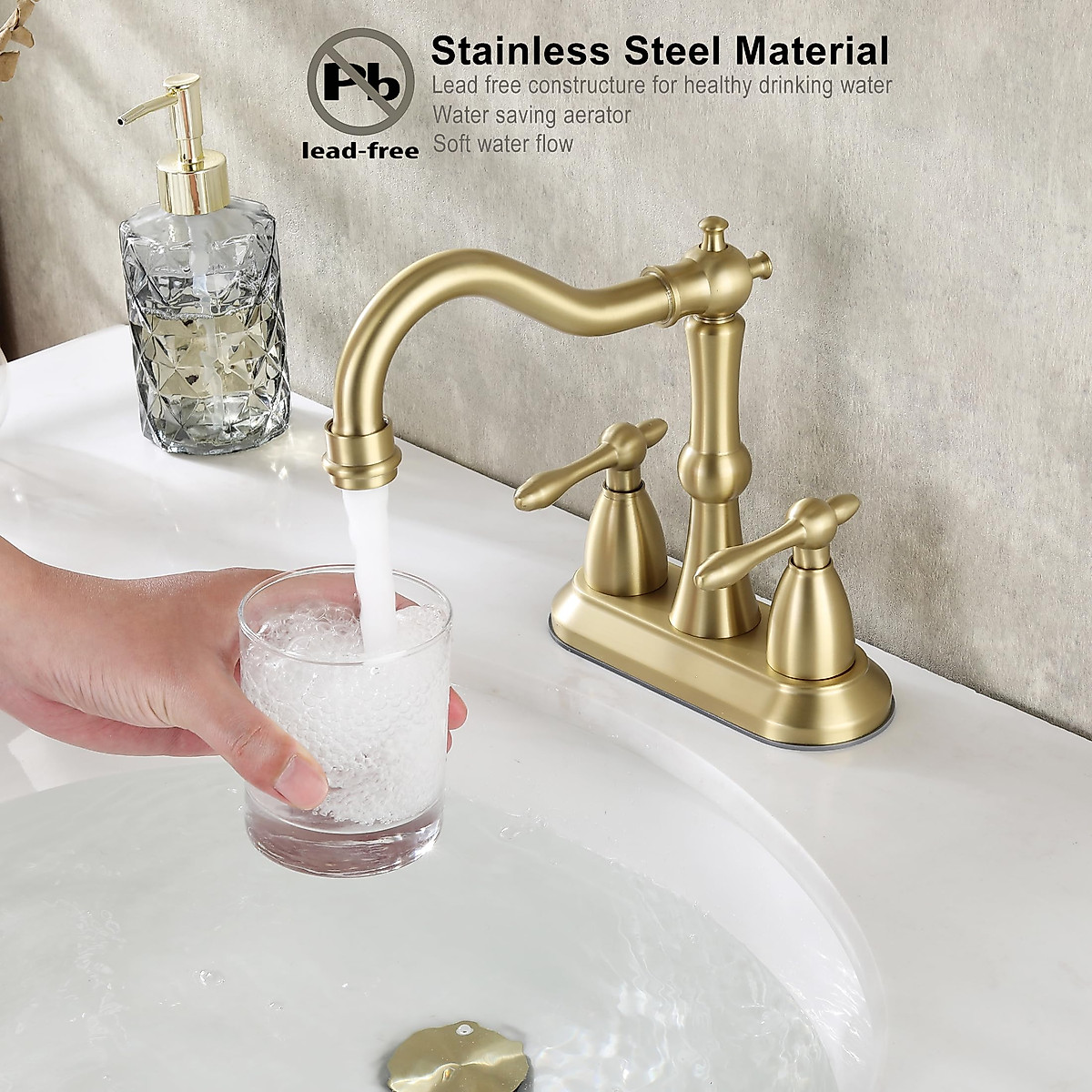 JXMMP Brushed Gold Bathroom Faucet, Stainless Steel 4 inch Centerset Bathroom Faucet with Drain and Supply Hose, 2 Hole Gold Faucet for Bathroom Sink