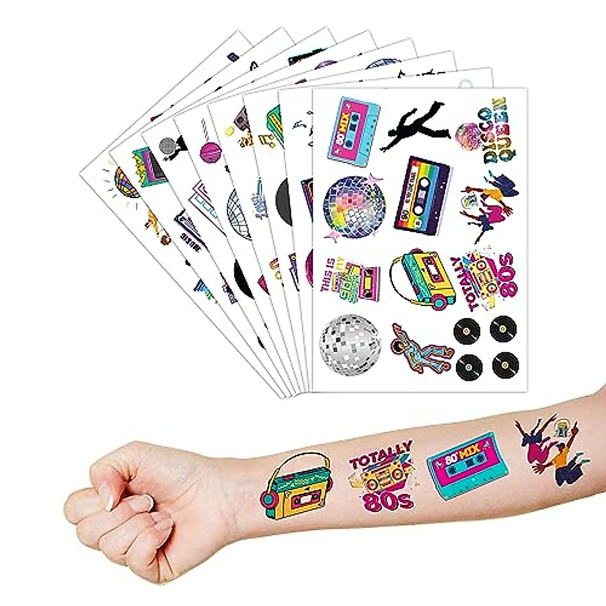 8 Sheets (96PCS) Disco Temporary Tattoos Birthday Party Decorations Supplies Tattoos Stickers Cute Party Favors Kids Girls Boys Gifts Classroom School Prizes Themed