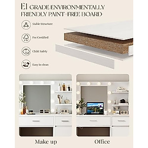 LIVELYGLOW Vanity Desk with Mirror and Lights, Makeup Vanity with Drawer & Storage Shelves, Cabinet, 3 Lighting Modes Adjustable Brightness, Bedroom Dressing Table, White