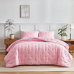 Joyreap 3 Pieces Quilt Set Queen Size Pink, Microfiber Lightweight Quilt Bedding Set, Bedspread Coverlet Bed Cover for All Season, 1 Quilt and 2 Pillow Shams- 90x90 inches