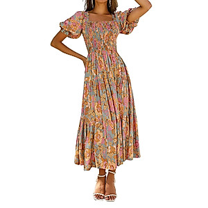 ZESICA Women's 2025 Summer Boho Floral Print Square Neck Ruffle Swing Beach Long Maxi Dress,GreyGreen,Medium