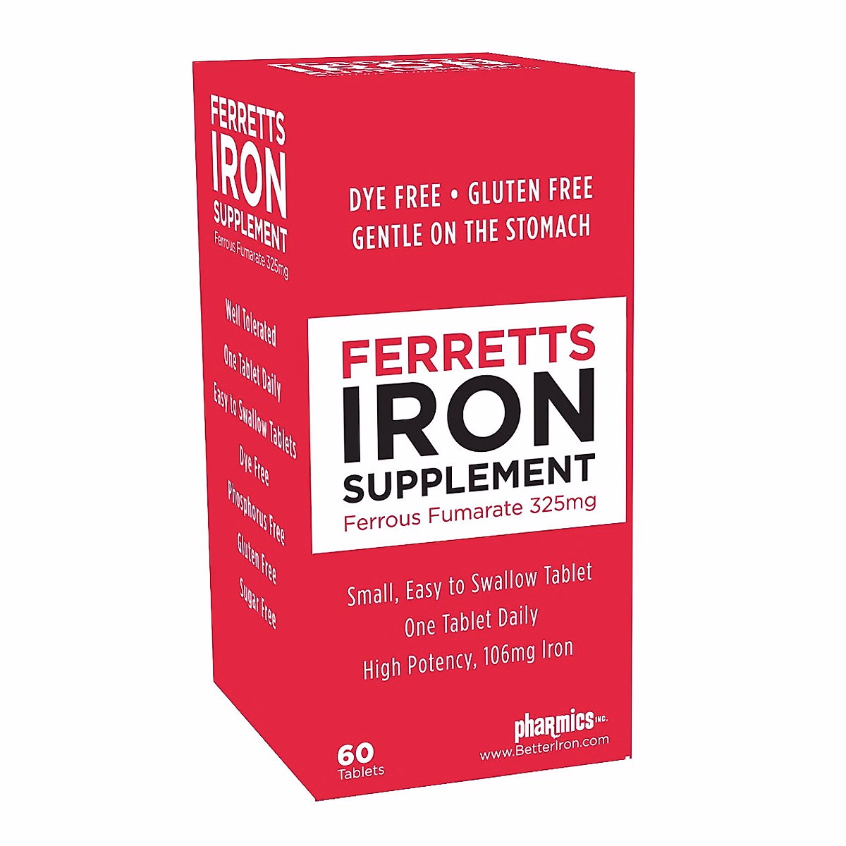 Ferretts Iron Tablets 106mg (325mg Ferrous Fumarate) - 60 Day Supply of High Potency Iron Supplements for Women & Men - Gentle & Non-Constipating Iron Supplements for Anemia - 60 Iron Pills Per Bottle