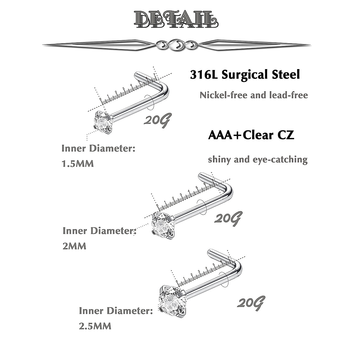 Jstyle 18Pcs Nose Rings Hoop Stainless Steel 20G L Shaped CZ Nose Studs Piercing Ring Hoop Body Jewelry Set