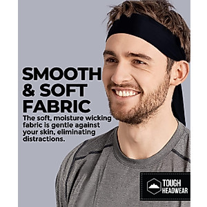 Tough Headwear Tie Headband for Men - Tennis Headband for Women, Sweat Band for Workout, Running, Football, Basketball, Athletics - Midnight Black