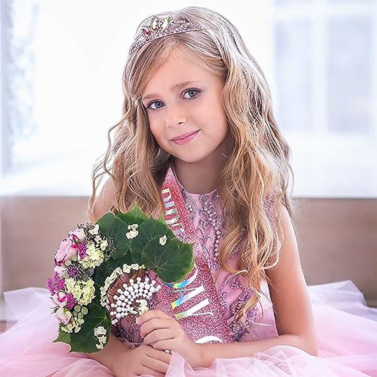 SuPoo Tiaras for Girls Pink Birthday Crown Birthday Girl Sash Princess Crown Birthday Girl Headband Crystal Birthday Tiara with Comb Crown for Girls Rhinestone Happy Birthday Accessories Gift