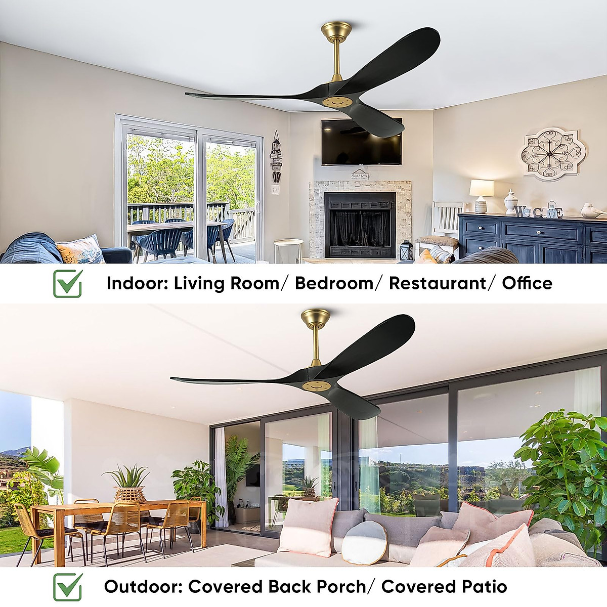 52 inch Black Outdoor Ceiling Fan No Light with Remote, 3 Blade Wood Ceiling Fan with Wall Control Quiet DC Motor Memory Function Black Gold Ceiling Fan for Farmhouse Indoor Wet Rated Patios