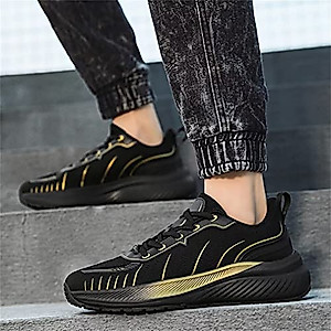 GSLMOLN Running Shoes for Women Non Slip Sneakers Comfortable Walking Shoes Lightweight Breathable Gym Workout Athletic Fashion Casual Black-Gold Size 7