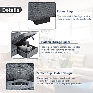 L-Shaped Sectional Sofa, YOGLAD Convertible Pull Out Bed, Sleeper Couch with Storage Lounge Chaise on Right hand side, Corner Sofa Bed with Cup Holder, 95", Furniture for Living Room (Polyester, Gray)