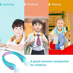 ICEBIRDS Portable Neck Fan for Kids 2021 New Bladeless Fan, USB Rechargeable Battery Operated Hanging Personal Mini Fan，Cartoon Headphone Design, Wearable Creative Leafless Fan，3 Speeds-Dinosaur Cyan