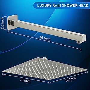 Voolan All Metal Shower Head with Extension Arm, Stainless Steel Waterfall Rainfall Showerheads, High Flow Bathroom Square Rain Shower Head (12’’ Shower Head with 16’’ Shower Arm, Brushed Nickel)