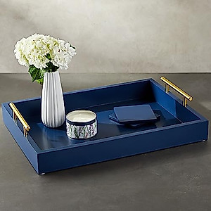 Blue Serving Tray for Coffee Table, 16x12 with Coasters, Decorative Interchangeable Gold and Silver Handles