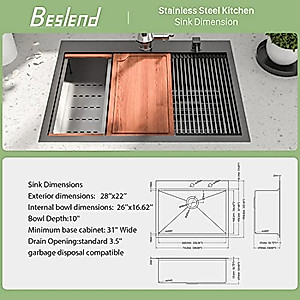 Beslend 28 Black Drop In Workstation Kitchen Sink - 28"x22"x10" Gunmetal Black Stainless Steel Topmount 16 Gauge 10 Inch Deep Sink