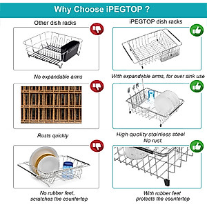 iPEGTOP Expandable Deep Large Dish Drying Rack and Utensil Cutlery Holder, Rustproof Stainless Steel Over Sink Dish Rack Basket Shelf, Dish Drainer in Sink or On Counter