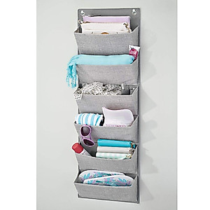 mDesign Soft Fabric Over The Door Hanging Storage Organizer with 6 Large Pockets for Closets in Bedrooms, Hallway, Entryway, Mudroom - Textured Print - Hooks Included - Gray